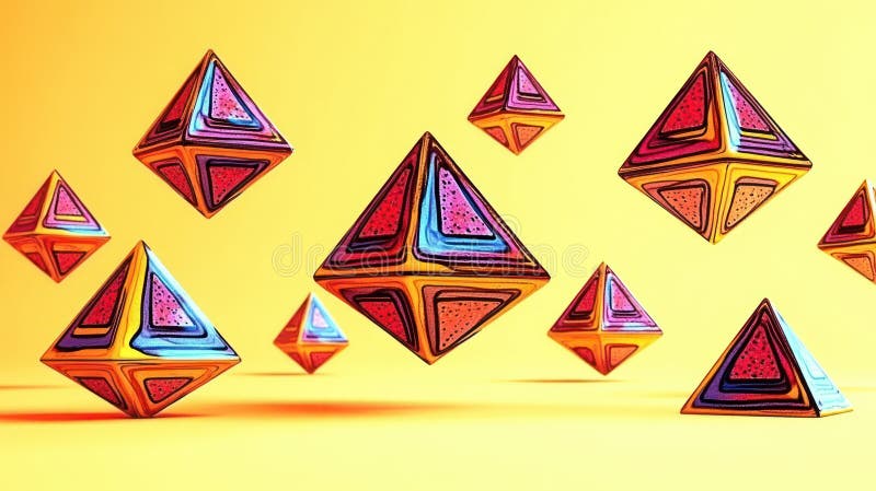 Vibrant Colorful Geometric Pyramids Floating on Yellow Background Stock ...