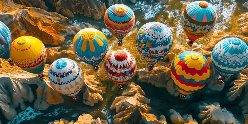 Colorful Floating Spherical Objects Above Rocky Terrain Stock ...