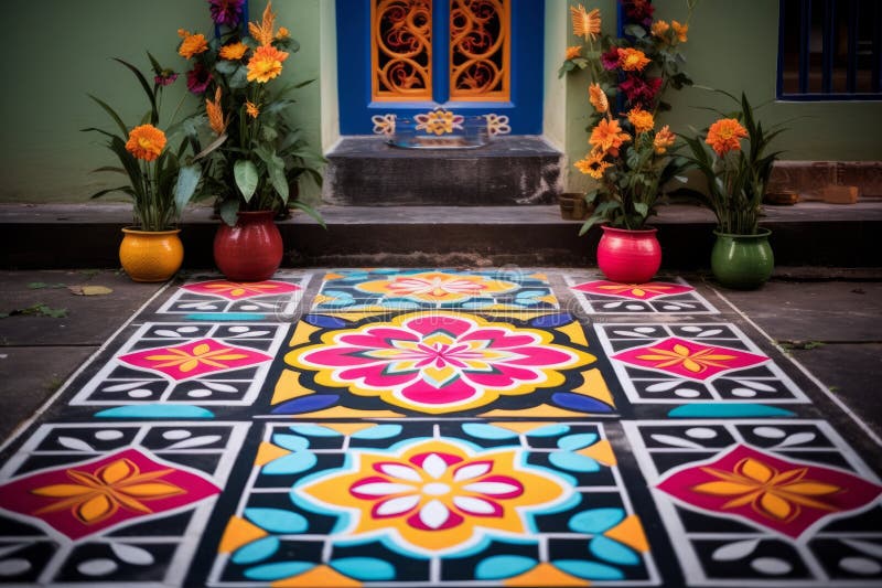 Colorful Floor with Rangoli Floral Pattern Stock Illustration ...