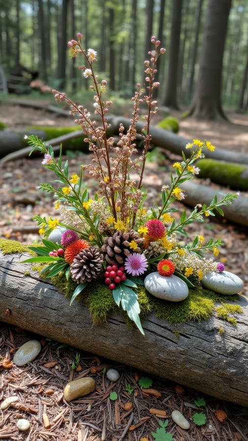 Colorful Floral Arrangement Log Lush Forest Setting Stock Photos - Free ...