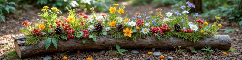 Colorful Floral Arrangement on Woodland Log with Pinecones and Greenery ...