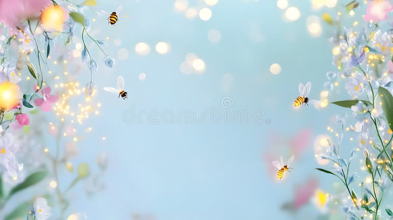 Colorful Floral Background with Bees, Sparkles and Soft Blue Gradient ...