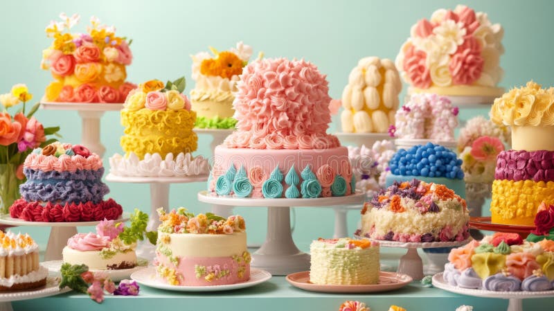 Colorful Floral Cakes on Display Stock Illustration - Illustration of ...