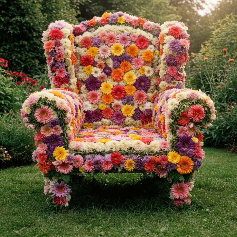 Colorful Floral Chair in Garden Setting Stock Illustration ...