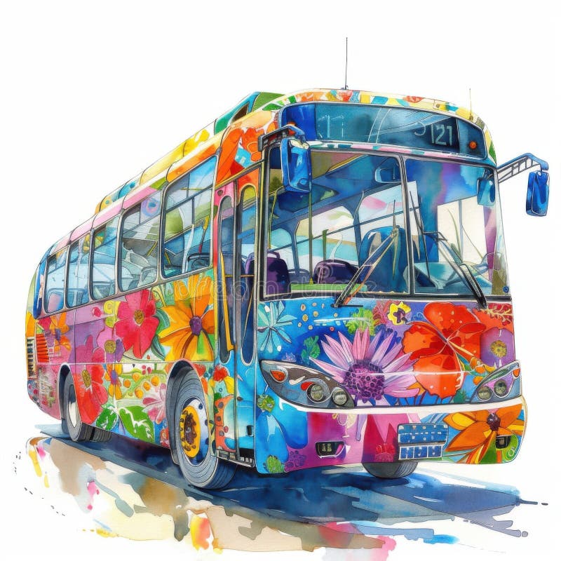 Colorful Floral Decorated City Bus Illustration Stock Photo - Image of ...