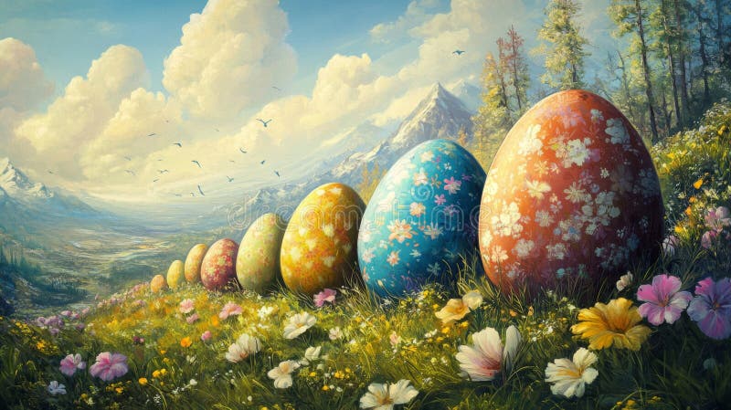 Colorful Floral Easter Eggs on Spring Meadow with Mountain Background ...