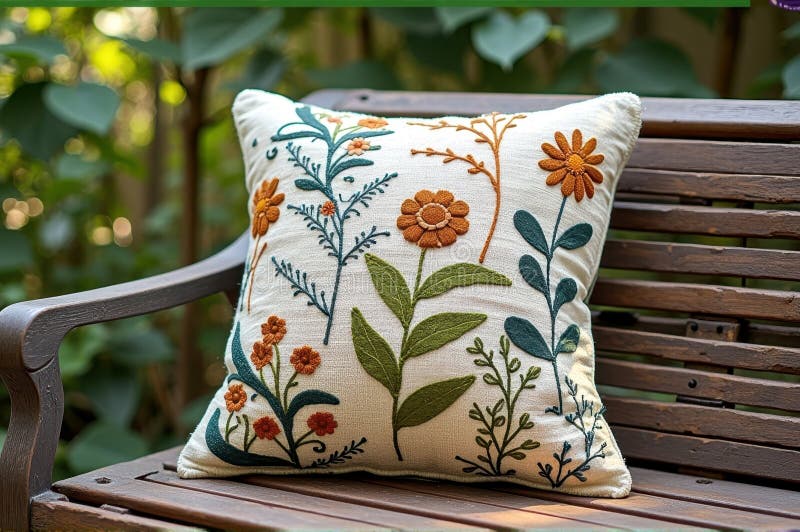Colorful Floral Embroidered Pillow on Wooden Bench in Garden Setting ...