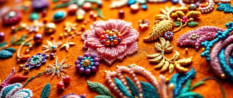 Colorful Floral Embroidery Pattern on Fabric with Intricate Beadwork ...