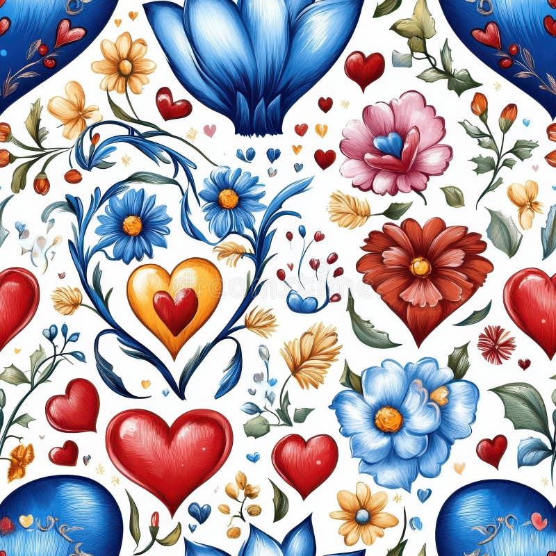 Colorful Floral and Heart Pattern Design with Swirls and Decorative ...