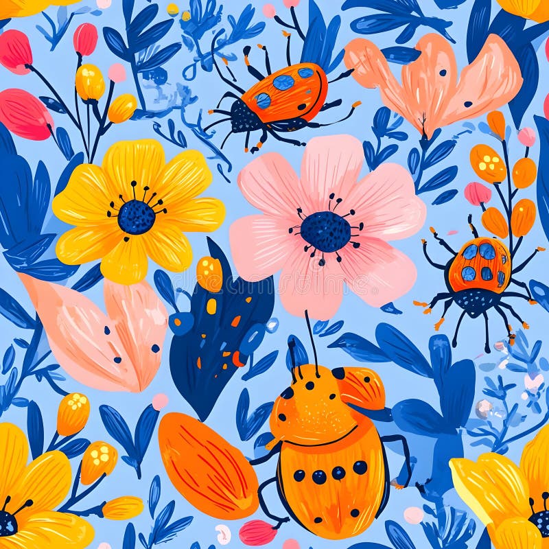Colorful Floral and Insect Pattern on a Blue Background Stock ...