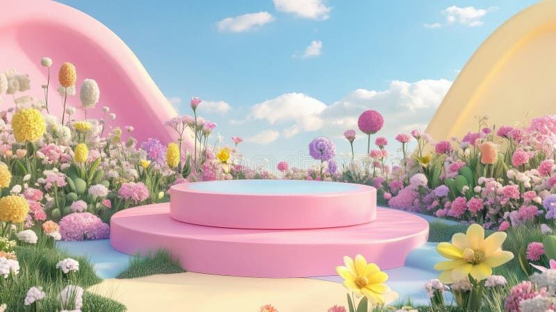 Colorful Floral Landscape with Pastel Hills and Circular Platform for ...