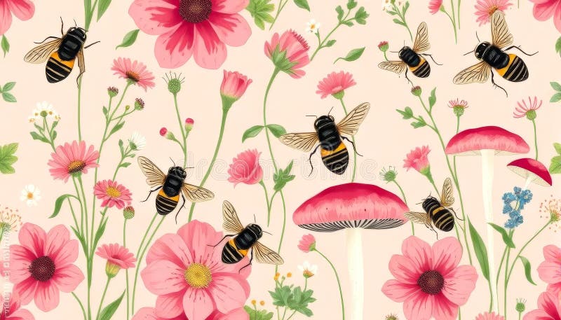 Colorful Floral Pattern with Bees and a Mushroom Stock Photo - Image of ...