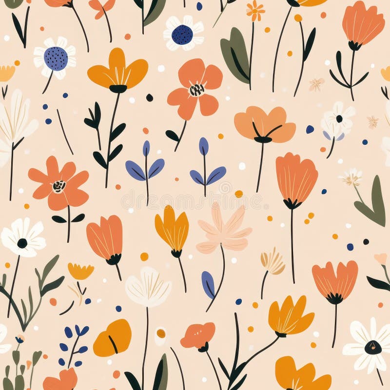 Colorful Floral Pattern on Beige Background - Modern Botanical Design ...