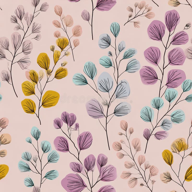 Colorful Floral Pattern Design with Leaves and Stems on Pastel ...