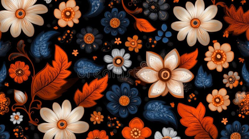 Colorful Floral Pattern with Orange and Blue Flowers Stock Illustration ...