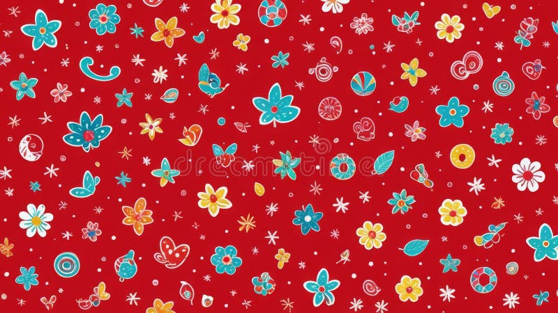 Colorful Floral Pattern with Whimsical Flowers on a Vibrant Red ...