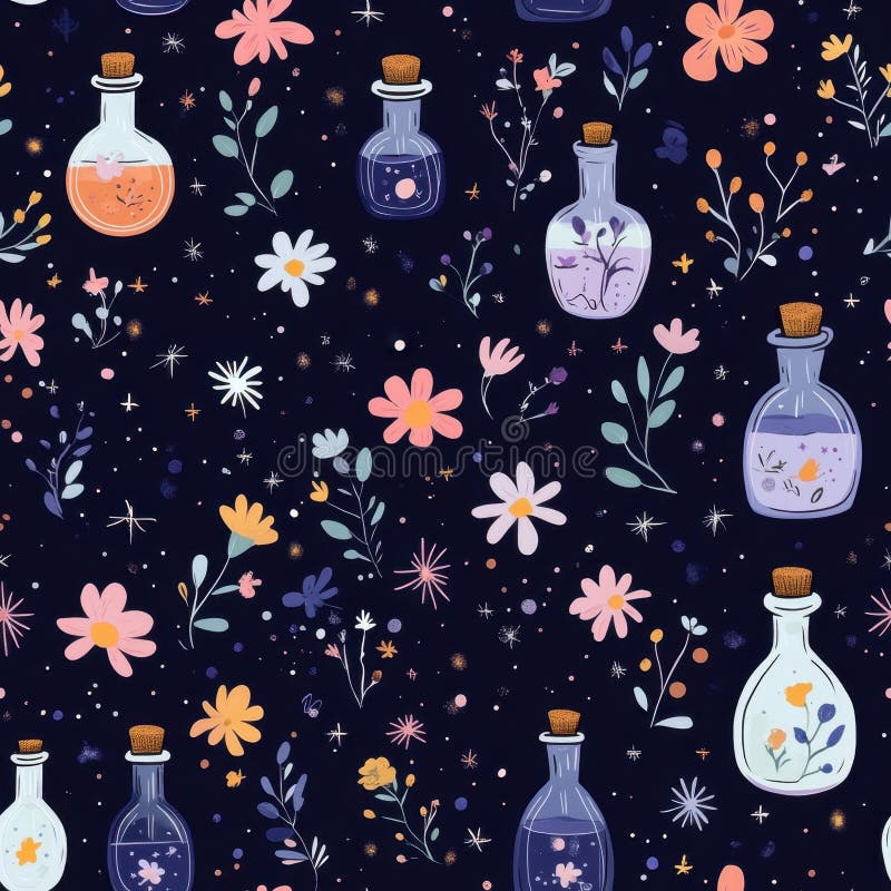 Colorful Floral Potion Bottles on Night Sky Background - Magical ...