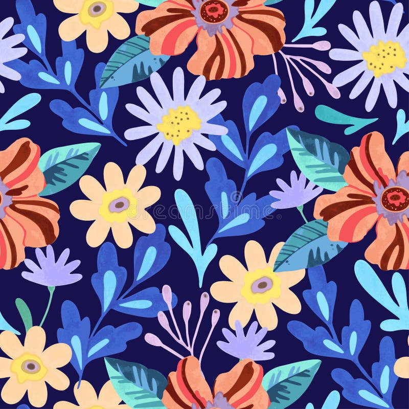 Colorful Floral Seamless Pattern in Retro Style. Stock Vector ...