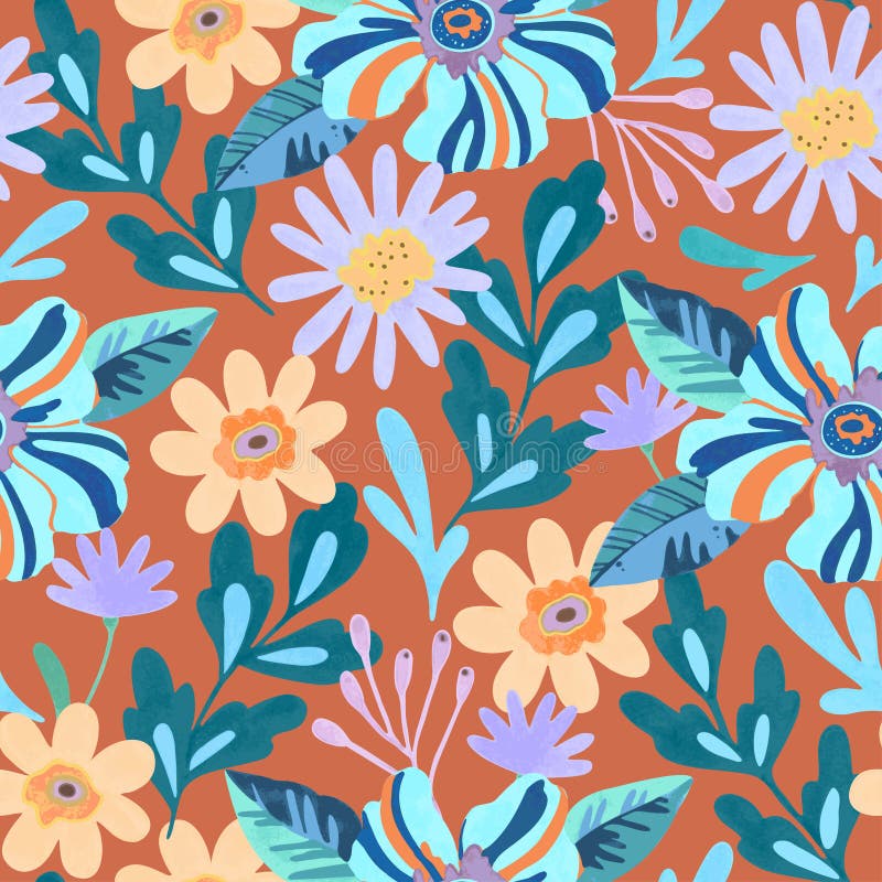 Colorful Floral Seamless Pattern in Retro Style. Stock Vector ...