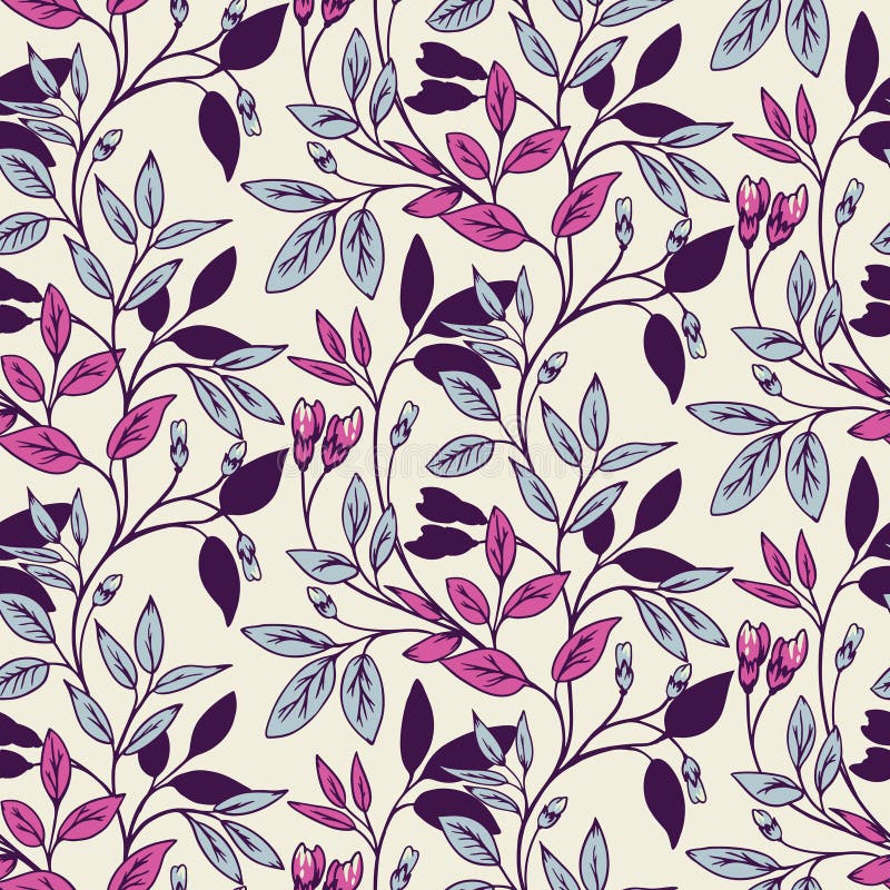 Colorful Floral Stems with Small Leaves Intertwined in Seamless Pattern ...