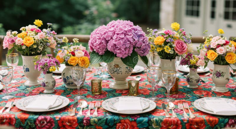 Colorful Floral Table Setting with Hydrangeas and Roses Stock ...