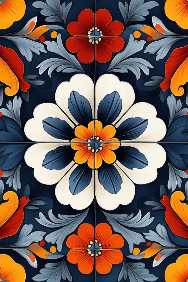Colorful Floral Tile Pattern with Bold Red, Orange, and Blue Flowers ...
