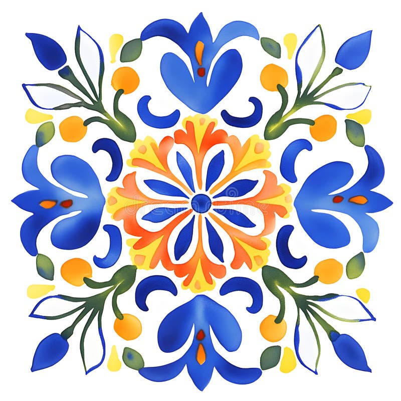 Colorful Floral Tile Pattern Featuring Blue and Orange Elements, Ideal ...