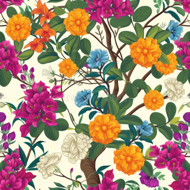 Colorful Floral Tree and Blossoms Illustration Pattern Stock Image ...