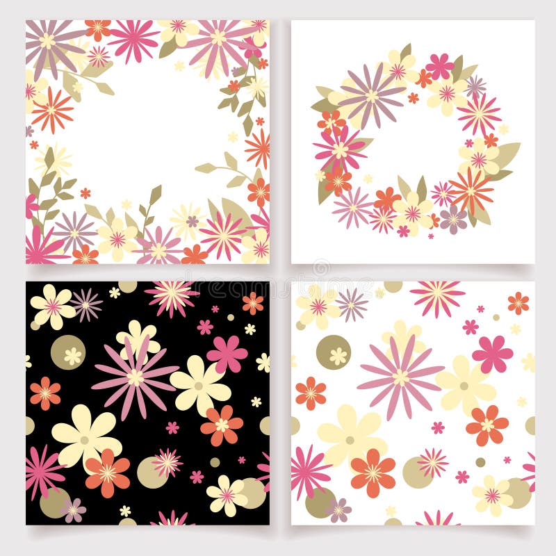 Colorful Floral Vector Frames and Pattern Set Stock Illustration ...