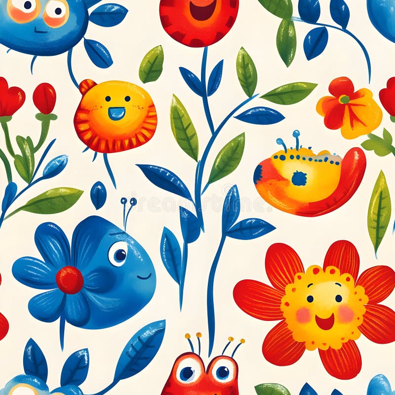Colorful Floral and Whimsical Character Pattern for Playful Design ...