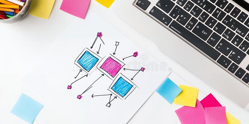 Colorful Flowchart on Desk with Laptop and Sticky Notes Creative ...