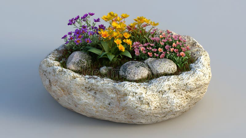 Colorful Flower Arrangement in a Stone Planter. Stock Illustration ...