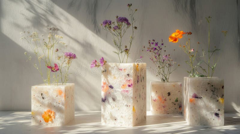 Colorful Flower Arrangement in White Cube Vases with Sunlight Stock ...