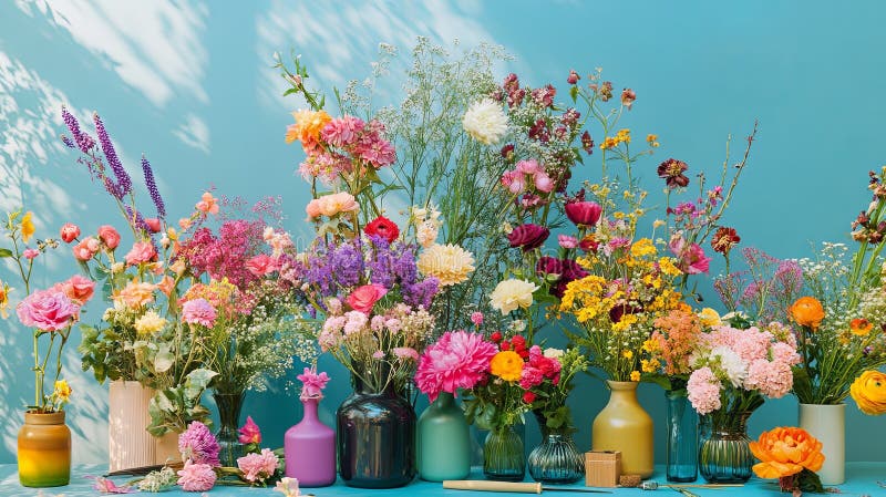 A Colorful Flower Arrangement Workshop Setup with Fresh Blooms and ...