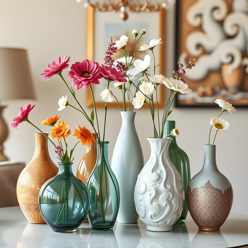 Colorful Flower Arrangements in Various Vases on a Dining Table Setting ...