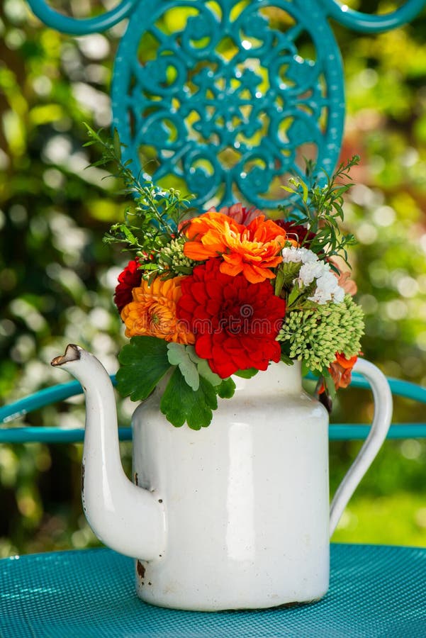 Colorful Flower Bouquet with Dalias in a Enamel Milk Jug Stock Image ...