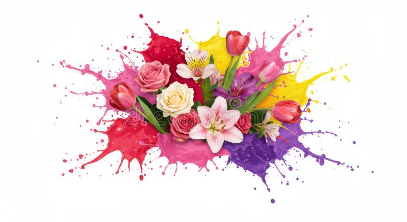 Colorful Flower Bouquet with Paint Splatter Stock Illustration ...
