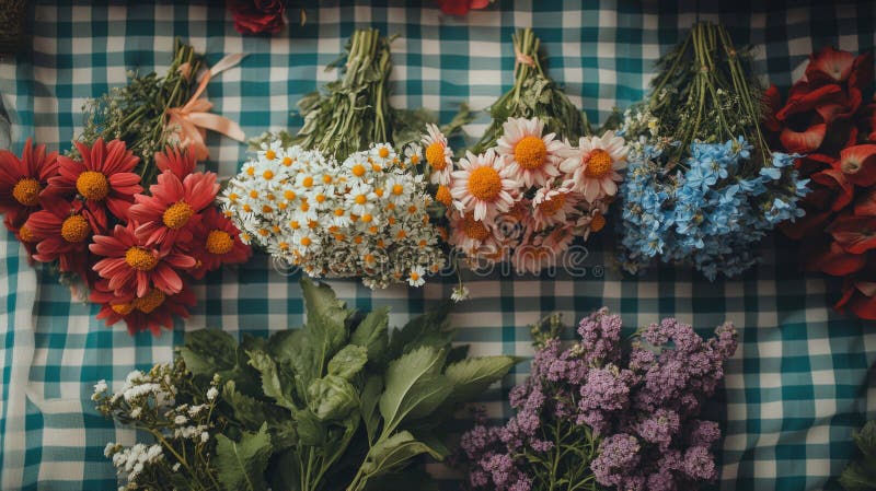 Colorful Flower Bouquets on Gingham Tablecloth Stock Illustration ...