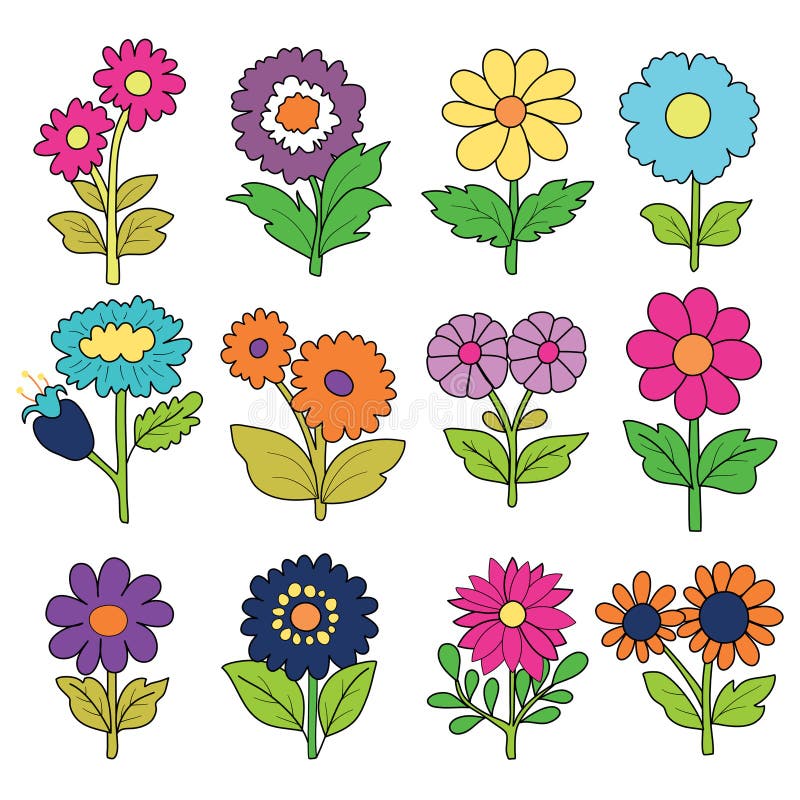 Colorful Flower Doodle Vector Collection Set Stock Vector ...
