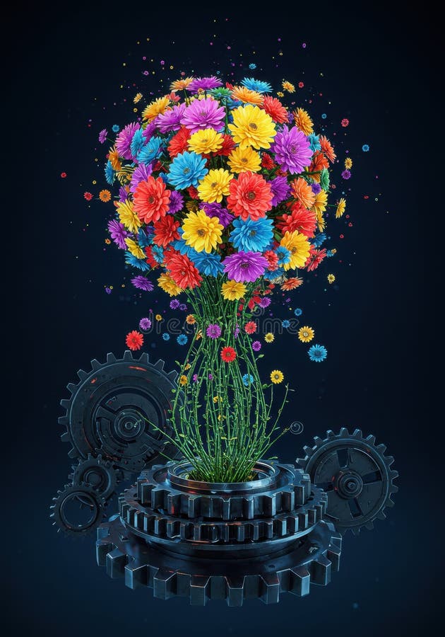 Colorful Flower Explosion Emerging from Gears Stock Illustration ...
