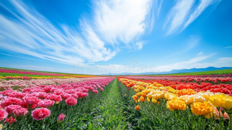 Colorful Flower Field with Blue Sky and Wispy Clouds Stock Illustration ...