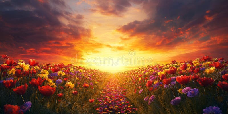 Colorful Flower Field at Sunset Pathway Stock Illustration ...