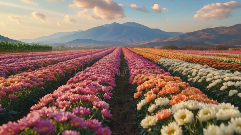 Colorful Flower Fields in a Mountain Valley at Sunset Stock ...
