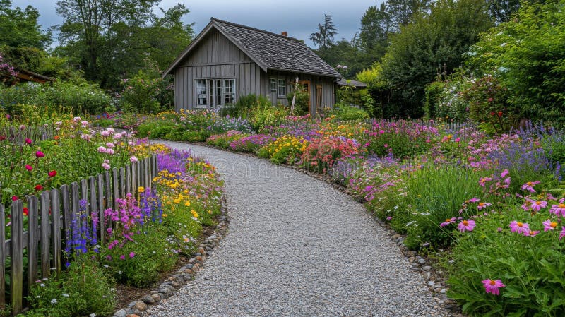 Colorful Flower Garden Path Leading To Rustic Cottage Stock ...