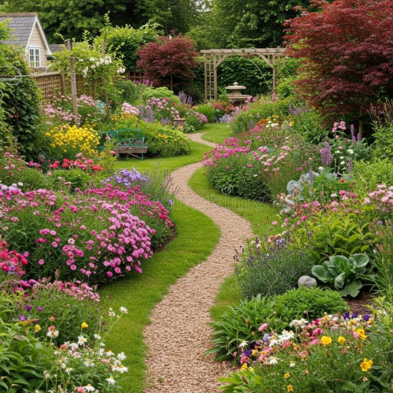 Colorful Flower Garden Path and Lush Greenery Stock Illustration ...