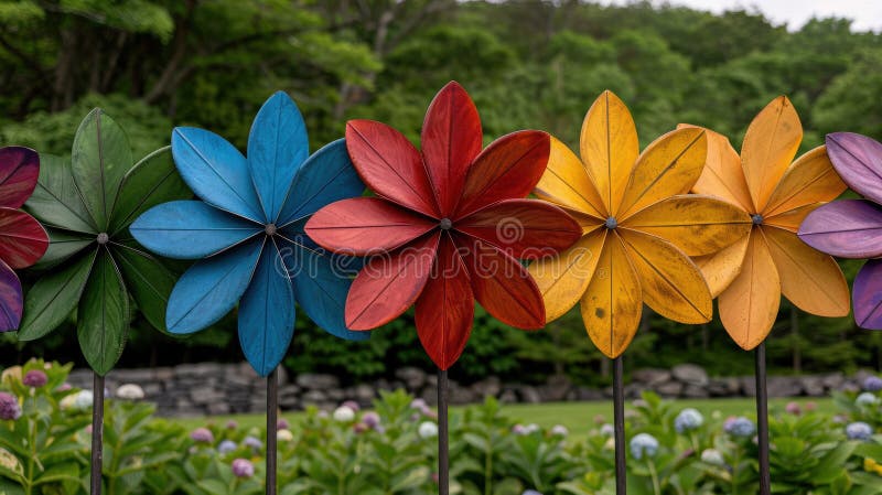 Colorful Flower Garden with Pinwheel-shaped Leaves Stock Illustration ...