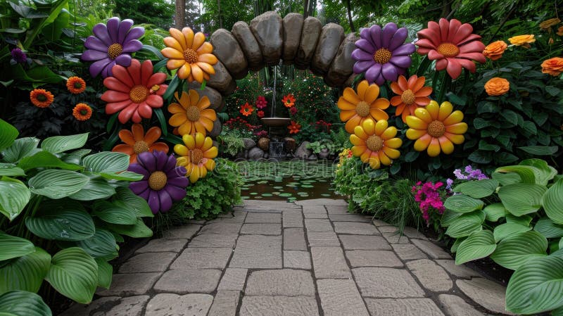 Colorful Flower Garden with Stone Path and Water Fountain Stock ...