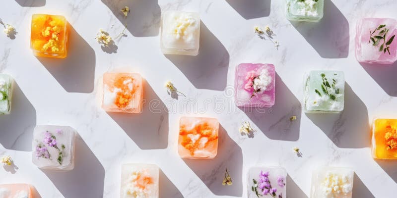 Colorful Flower Ice Cubes Flat Lay on Marble Surface for Creative Food ...