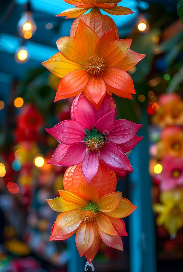 Colorful Flower Lanterns at Night Stock Photo - Image of lights, design ...