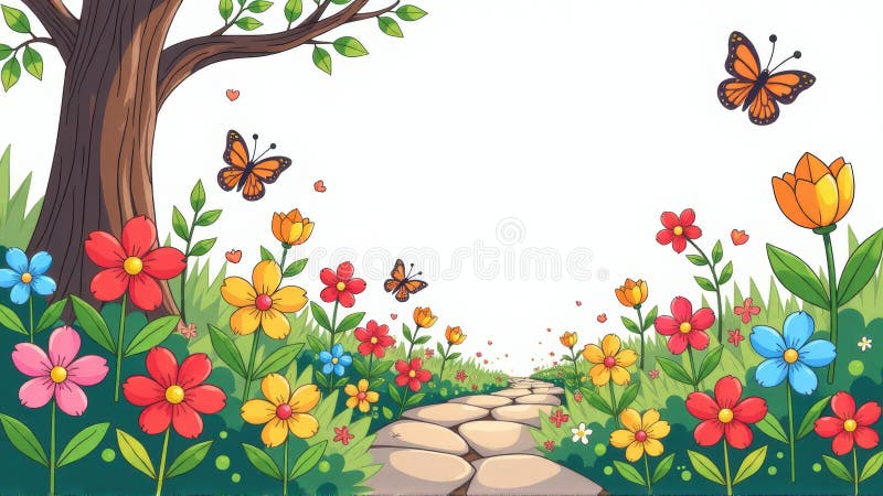Colorful Flower Path with Butterflies Stock Illustration - Illustration ...